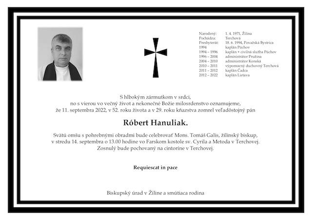 Zomrel kňaz Róbert Hanuliak, svätá omša s obradmi bude v Terchovej